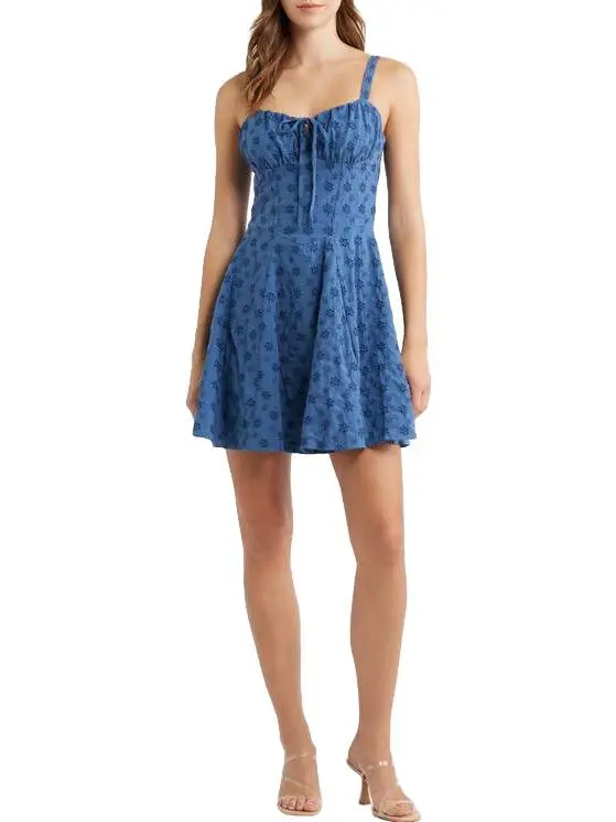 EMERALD SUNDAE Tie Front Fit And Flare Dress With Floral Embroidery - Denim