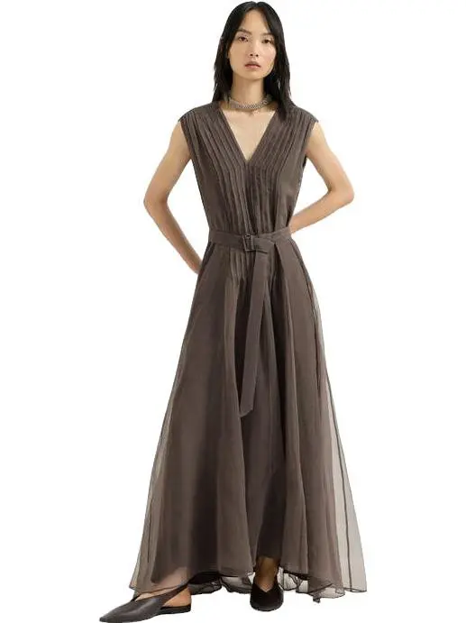 Brunello Cucinelli Crispy Silk Belted Dress With Pleated Detail And Precious Strap - Brown