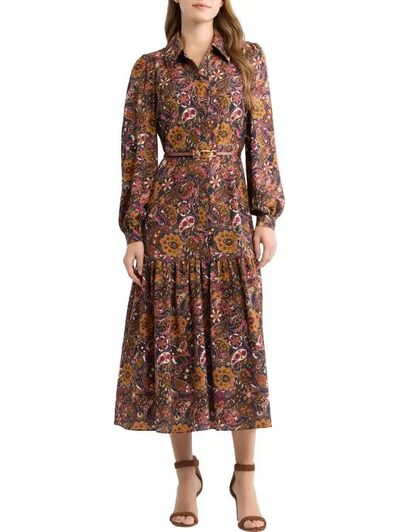 Eliza J Print Belted Long Sleeve Maxi Shirtdress - Navy Multi