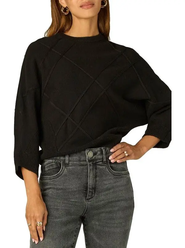 Wit & Wisdom Three-quarter Sleeve Crewneck Sweater With Textured Criss-cross Detailing - Black