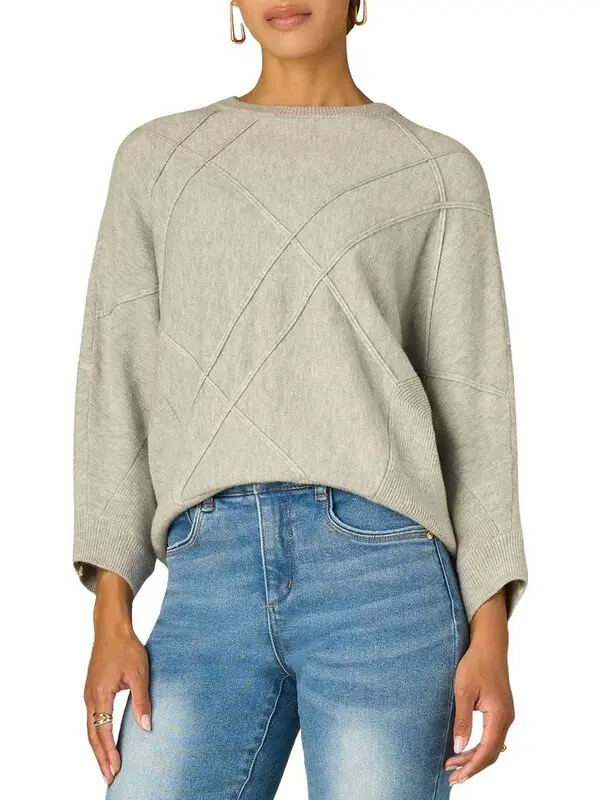 Wit & Wisdom Three-quarter Sleeve Crewneck Sweater With Textured Criss-cross Detailing - Heather Grey