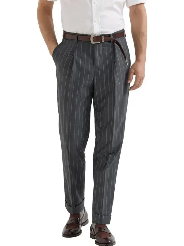 Brunello Cucinelli Super 150s Virgin Wool Wide Chalk Stripe Batavia Trousers - Grey