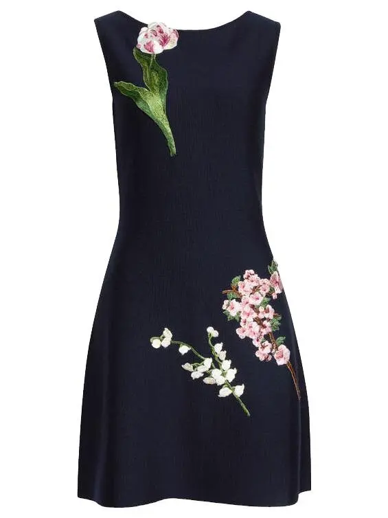 Oscar De La Renta Mixed Botanical Embroidered Wool Knit Dress - Navy