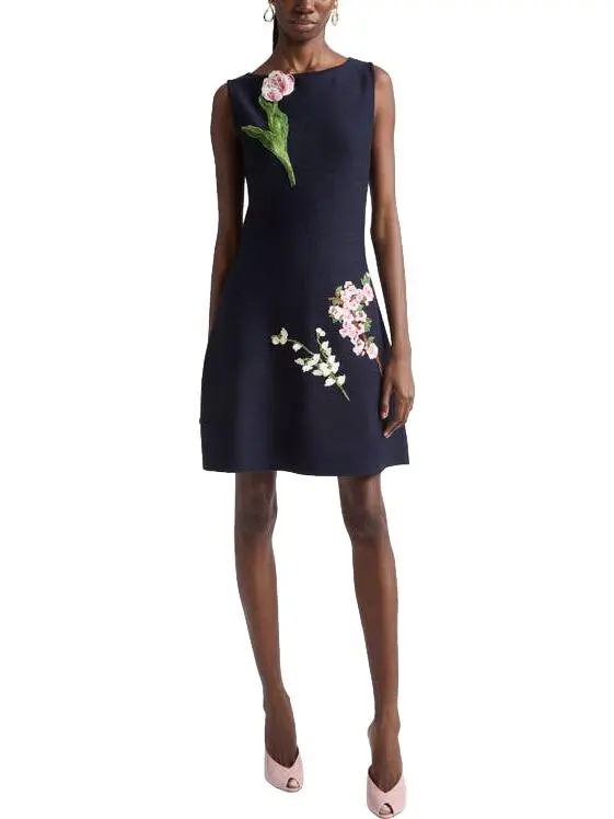Oscar De La Renta Mixed Botanical Embroidered Wool Knit Dress - Navy