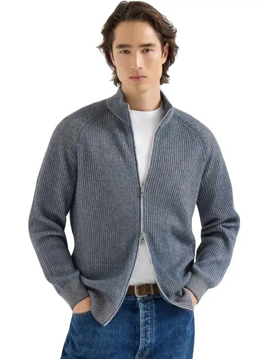 Brunello Cucinelli Cashmere Vanisé English Rib High-neck Cardigan With Zipper - Cerulean