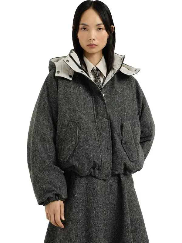 Brunello Cucinelli Virgin Wool Donegal Down Jacket With Detachable Hood And Shiny Zipper Pull - Anthracite