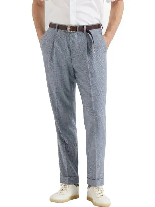 Brunello Cucinelli Cashmere And Silk Houndstooth Flannel Trousers With Pleat - Cerulean