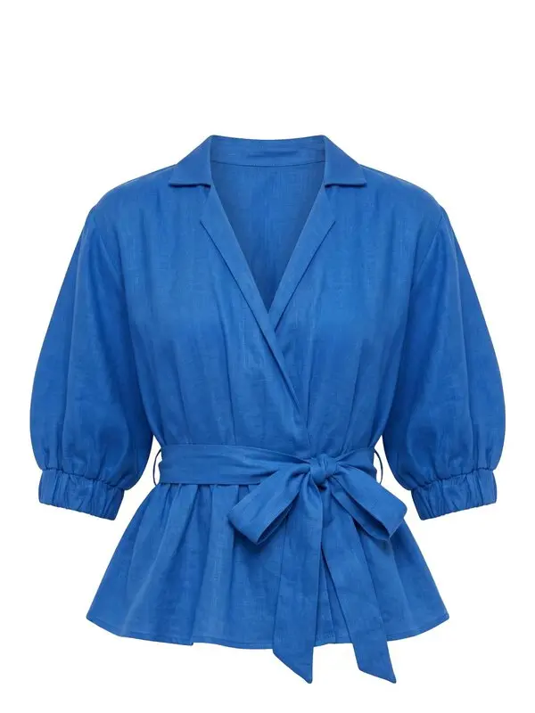 Yumi Kim Dara Linen Peplum Top With Belt - Blue