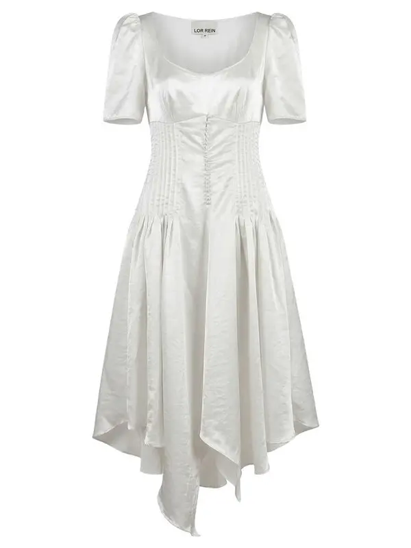 LOR REIN Rina Dress: Fitted Bodice, Sculpted Sleeves, Asymmetrical Hem - White