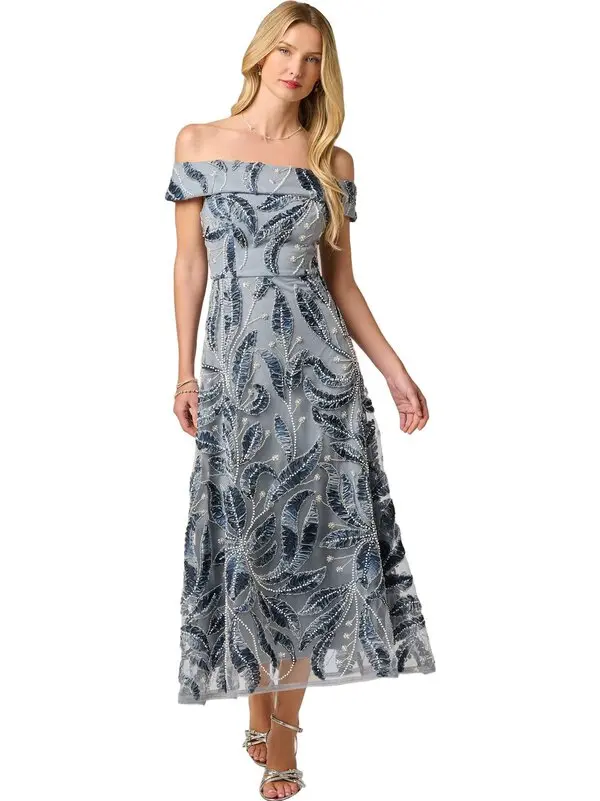 Adrianna Papell Off Shoulder Beaded Leaf Soutache Ankle Length Dress - Blue Multi