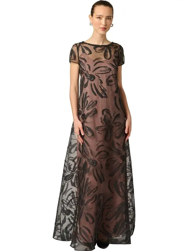 Aidan Mattox Short Sleeve Botanical Organza Jacquard Gown - Black