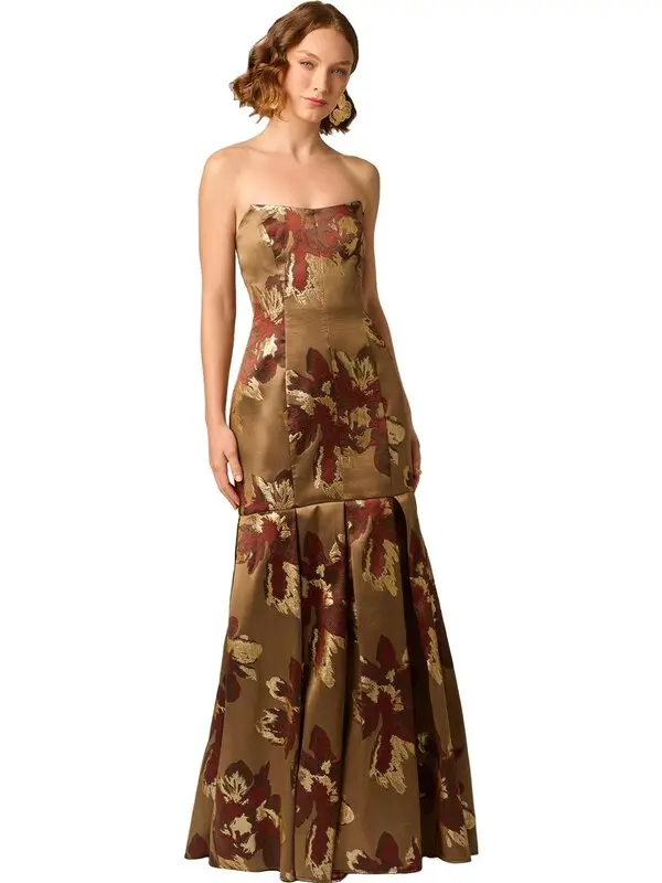 Aidan Mattox Strapless Cat Eye Metallic Floral Brocade Trumpet Gown - Brown Multi