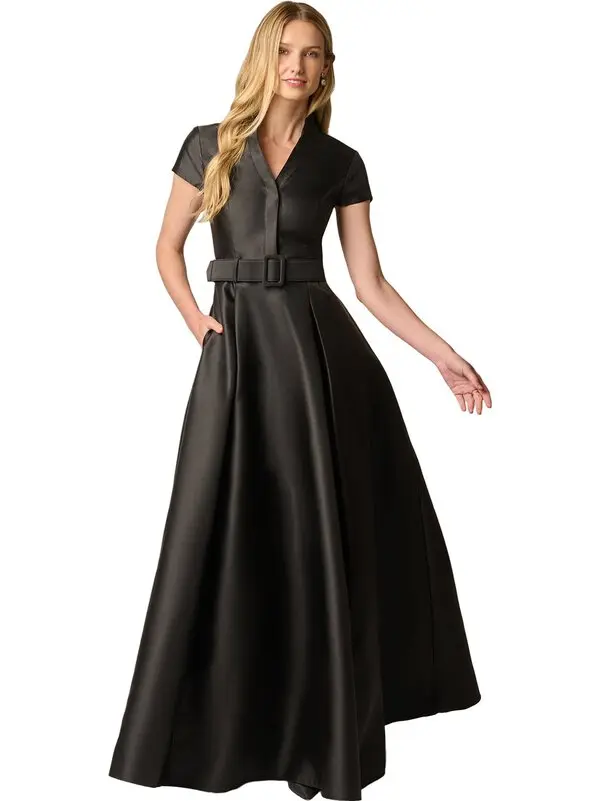 Adrianna Papell Cap Sleeve Belted Mikado Ballgown - Black