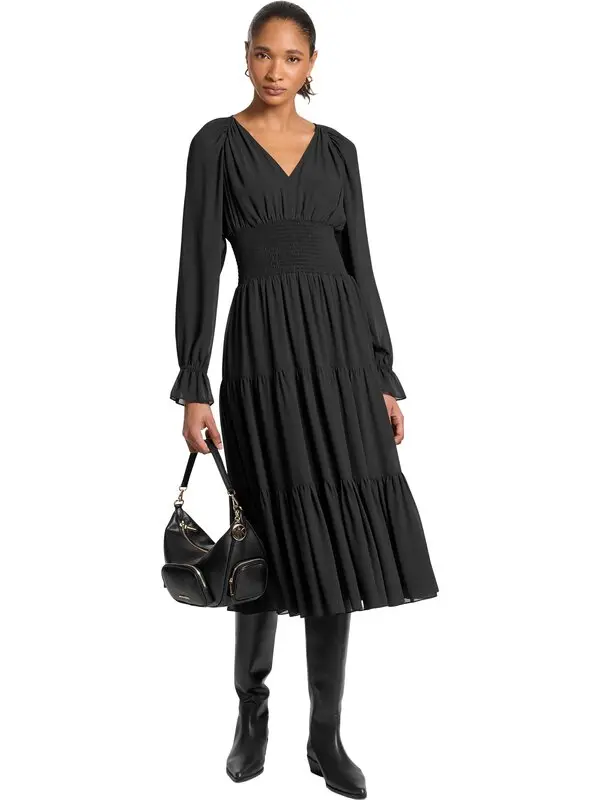 Michael Kors Smocked Georgette Midi Dress - Black