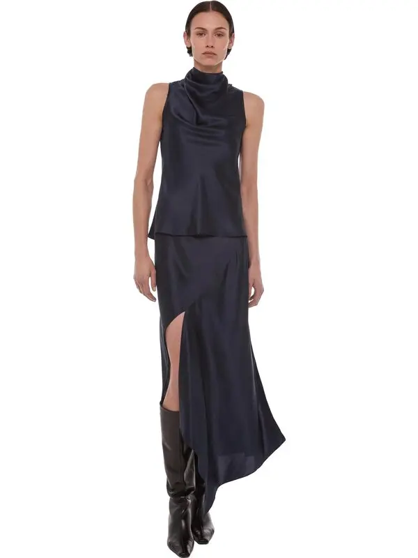 Helmut Lang Silk Charmeuse Asymmetric Hem Slip Skirt - Navy
