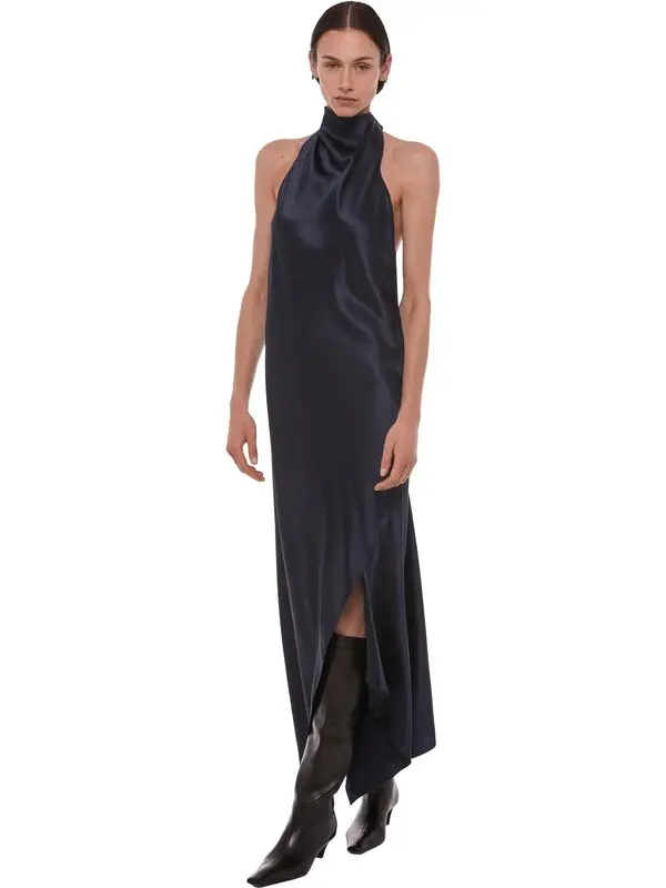Helmut Lang Silk Tie Scarf Dress - Navy
