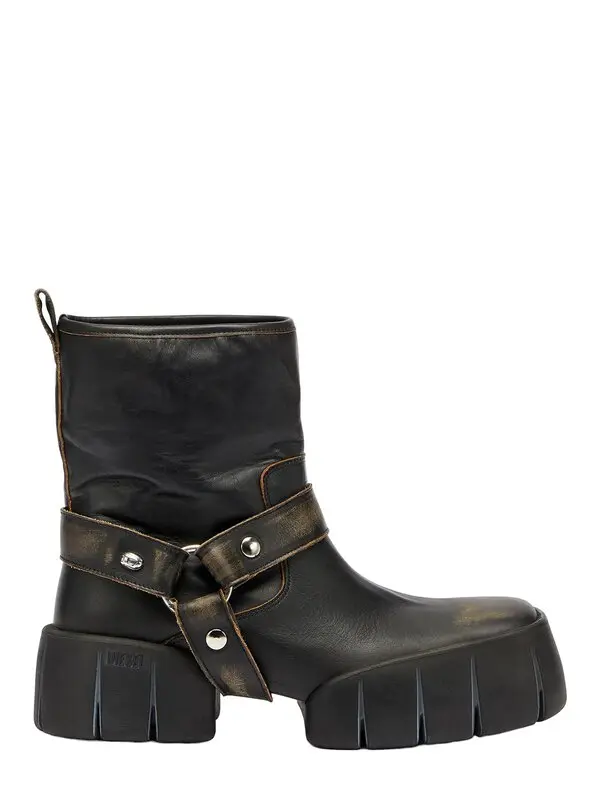 DIESEL® D-tex Distressed Leather Harness Ankle Boots - Brown