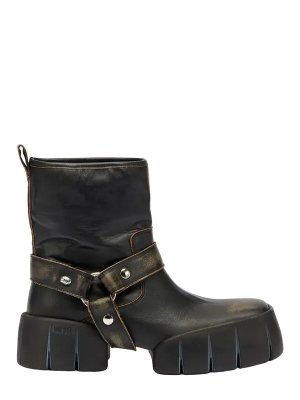 DIESEL® D-tex Distressed Leather Harness Ankle Boots - Brown
