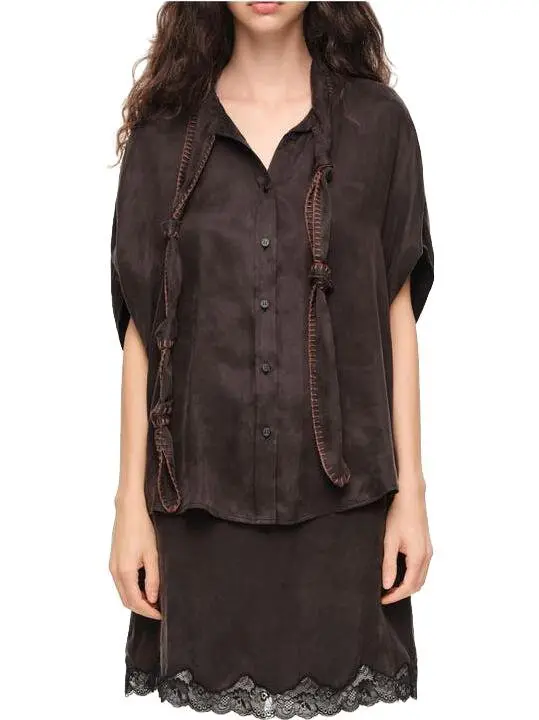 Bimba Y Lola Knotted Neckline Cape Shirt - Washed Black