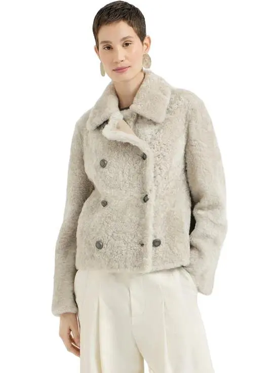 Brunello Cucinelli Fuzzy Shearling Pea Coat - Ivory
