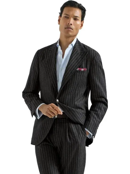 Brunello Cucinelli Virgin Wool And Cashmere Chalk Stripe Flannel Deconstructed Blazer With Large Peak Lapels And Metal Buttons - Anthracite