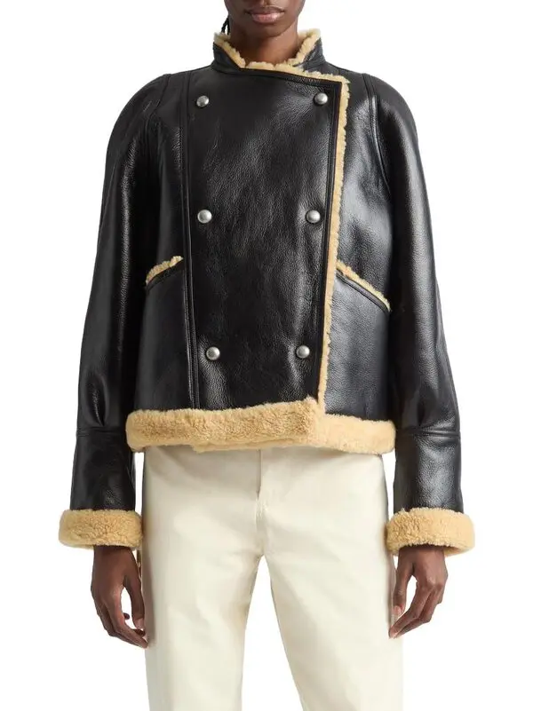 Altuzarra Genuine Shearling Trim Leather Coat - Black Granola