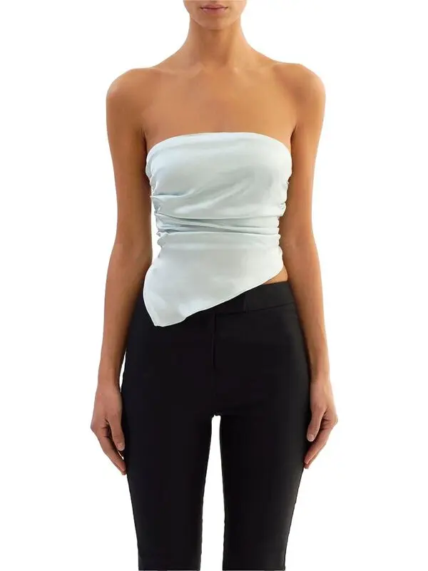 LAMARQUE Asymmetric Satin Scarf Tube Top - Light Blue