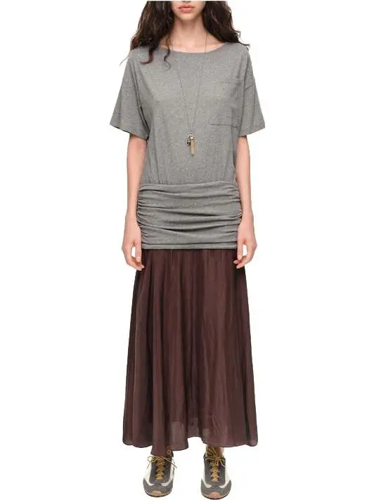 Bimba Y Lola Ruched Two-material Flared Midi Dress - Melange Grey