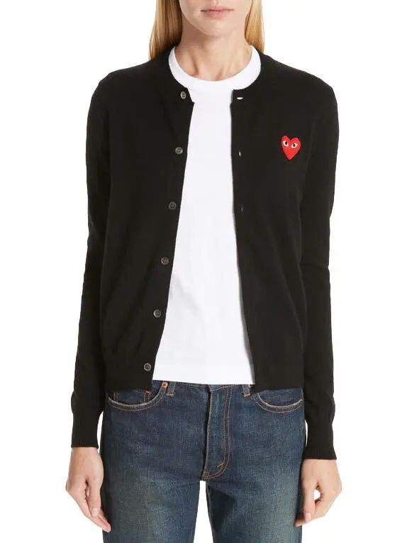 Comme Des Garçons Wool Cardigan With Heart Appliqu - Black