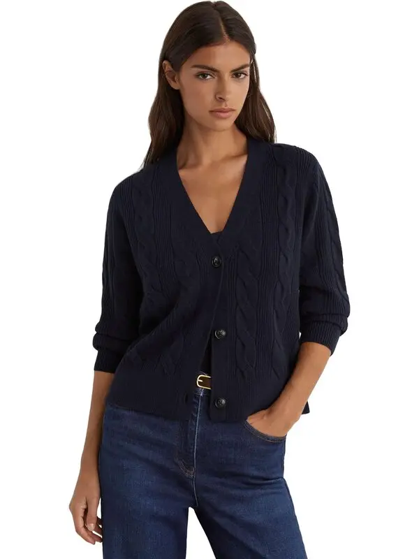 REISS Elowen Wool-cashmere Cable-knit Cardigan - Navy