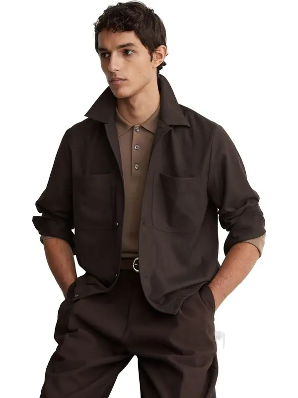 REISS Penge Brushed Twin-pocket Overshirt With Wool - Chocolate Brown