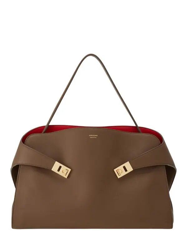 FERRAGAMO Hug Soft Bicolor Large Shoulder Bag - Clay