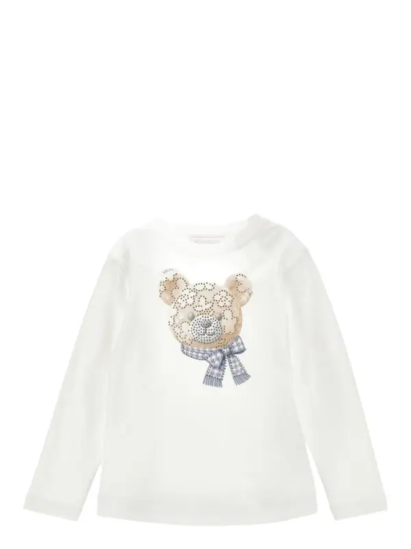 Monnalisa Rhinestone-embellished Bear-print T-shirt - White/beige  Camel