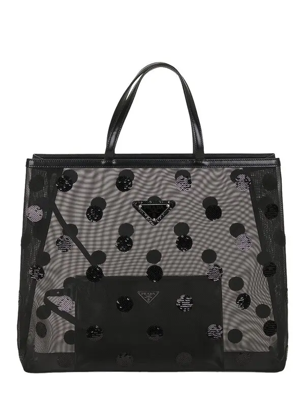 Prada Polka Dot Sequined Mesh Tote Bag - Black