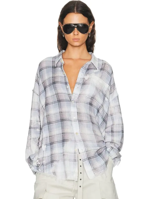 R13 Shredded Seam Drop Neck Shirt - Blue Bleached Plaid