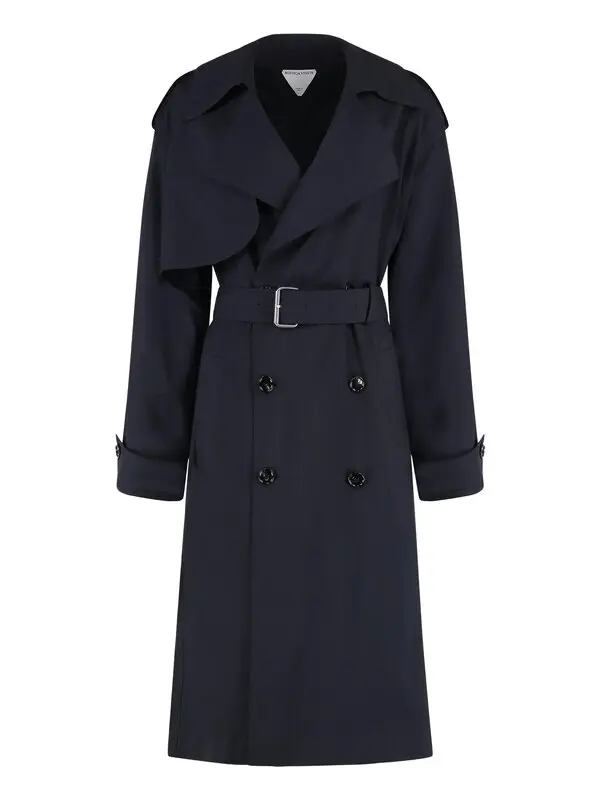 Bottega Veneta Double-breasted Wool Trench Jacket With Belt - Blue