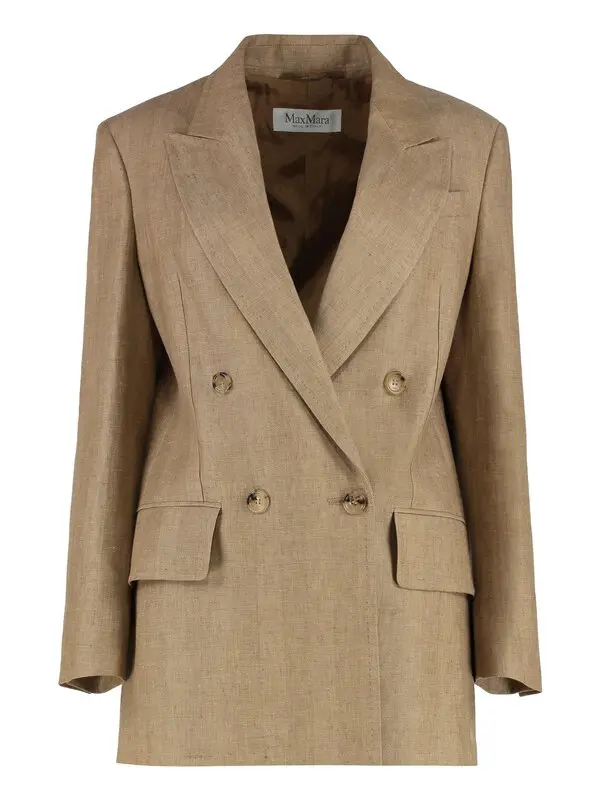 Max Mara Inspired Linen Lapel Jacket With Padded Shoulders And Double Slit Hem - Saddle Brown