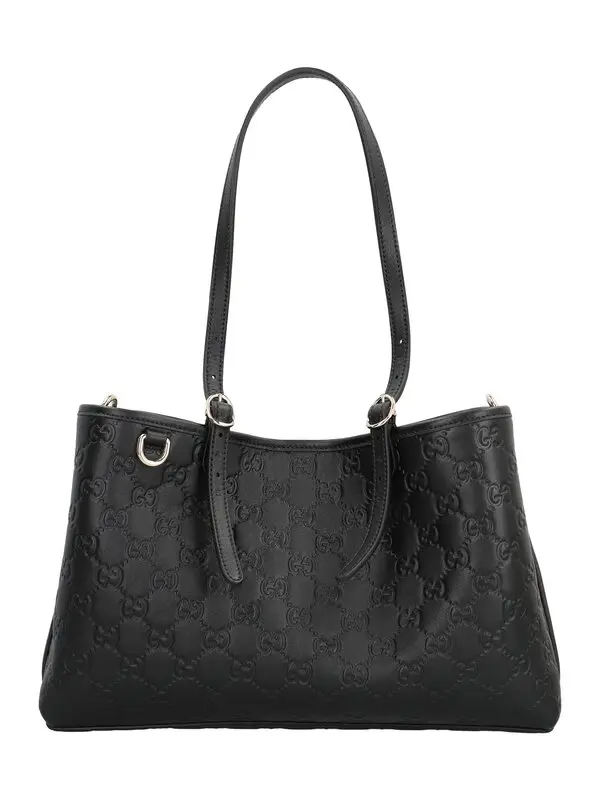 Gucci Gg Emblem Leather Shopping Handbag Media With Magnetic Closure, 30 Cm - Black