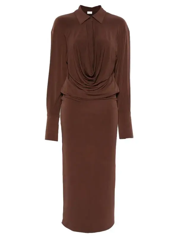Andamane Collared Long Sleeve Draped Dress - Marrone