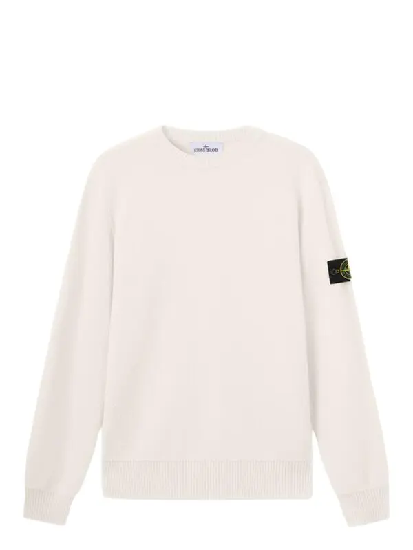 Stone Island Ribbed Virgin Wool Crewneck Sweater With Sleeve Badge - Bianco