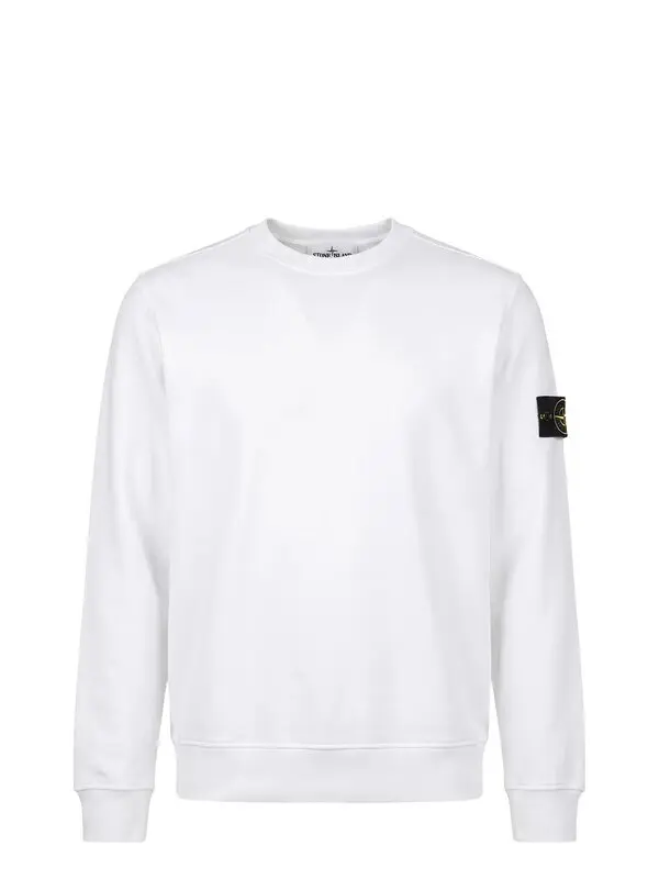 Stone Island Style Cotton Fleece Crewneck Sweatshirt With Left Sleeve Badge - Bianco