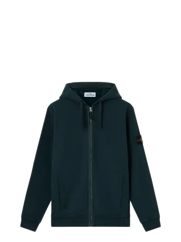 Stone Island Hooded Zip Sweatshirt With Adjustable Drawstring, Front Pockets & Ribbed Trim - Verde