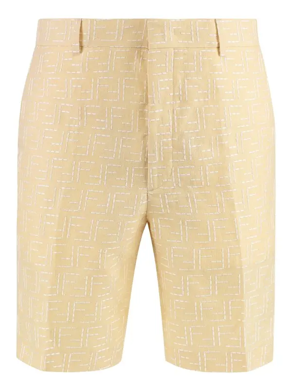 Fendi Linen Blend Bermuda Shorts With Monogram - Yellow