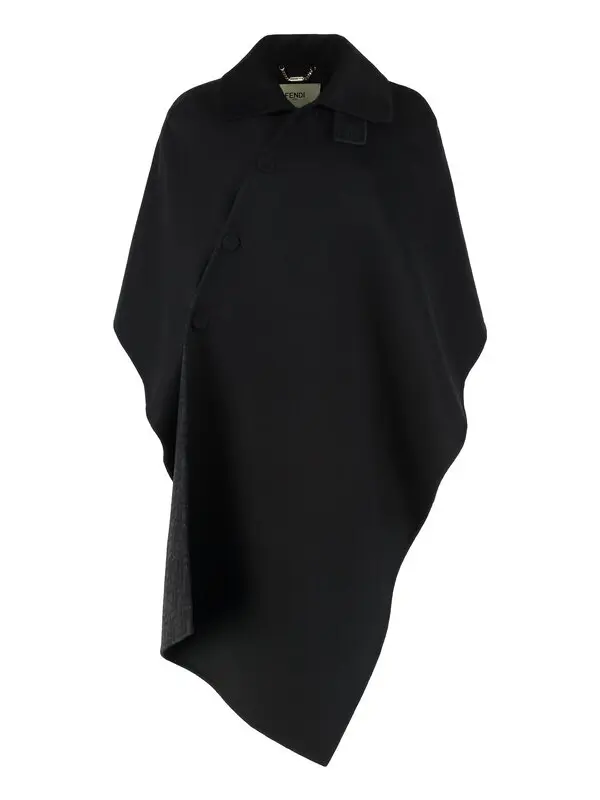 Fendi Wool Cape With Enveloping Volume And Frog Collar - Black