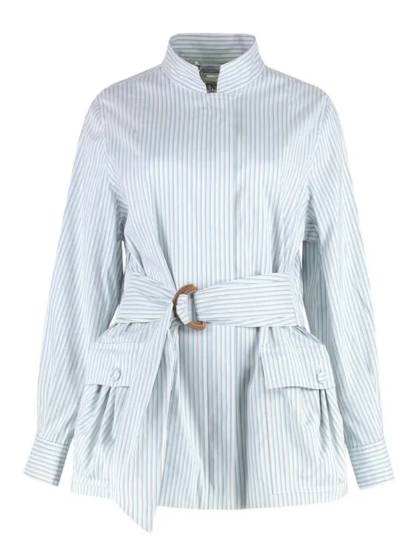 Fendi Belted Cotton And Silk Blend Jacket With Drawstring Waist - Light Blue