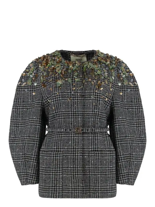 Fendi Embellished Wool Tweed Cocoon Jacket - Grey