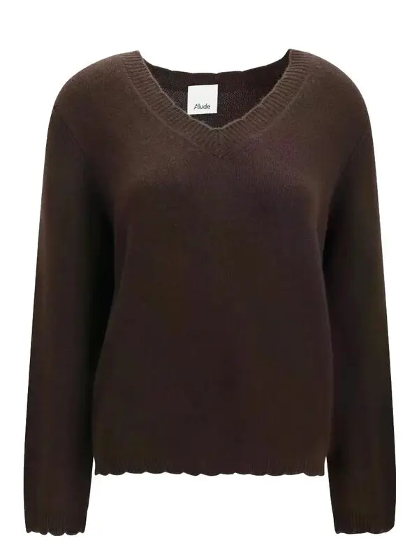 ALLUDE V-neck Ribbed Trim Sweater - Brown