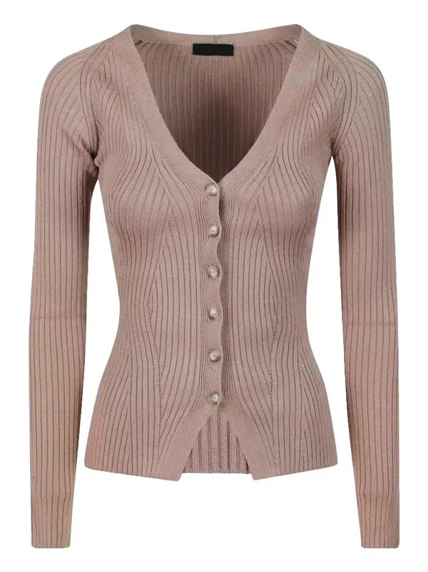 DONDUP Ribbed Knit V-neck Cardigan With Logo Plaque - Neutrals