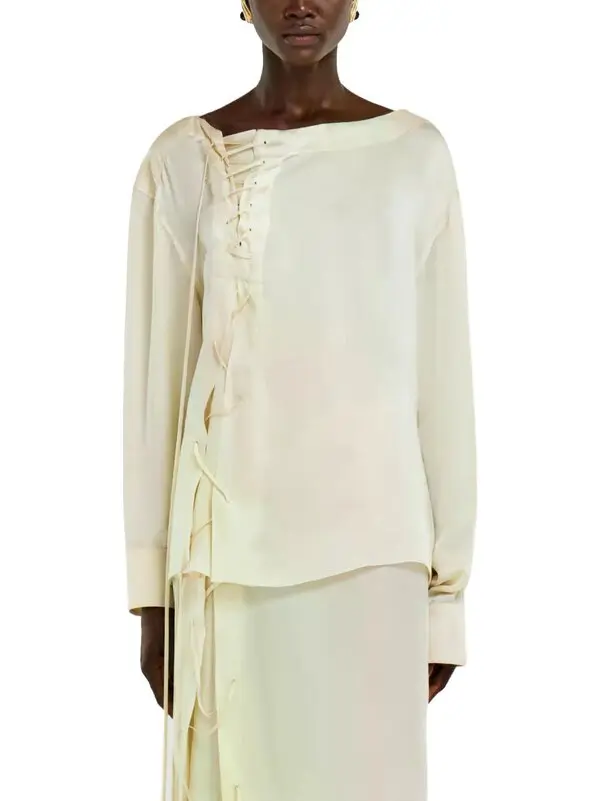FERRAGAMO Satin Boat Neck Blouse With Asymmetrical Pleat And Lacing Detail - Neutrals