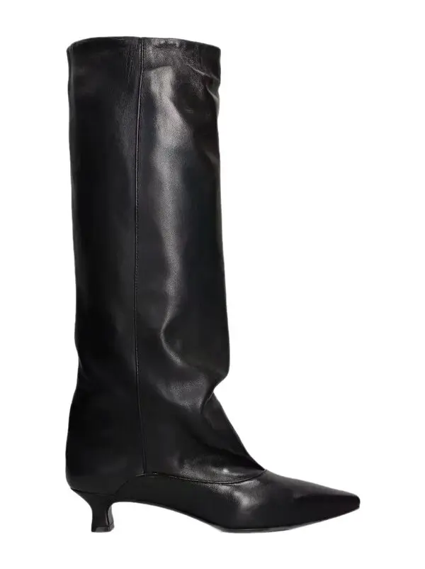THE SELLER Pointed-toe Ruched Knee-high Boots With Kitten Heel - Black